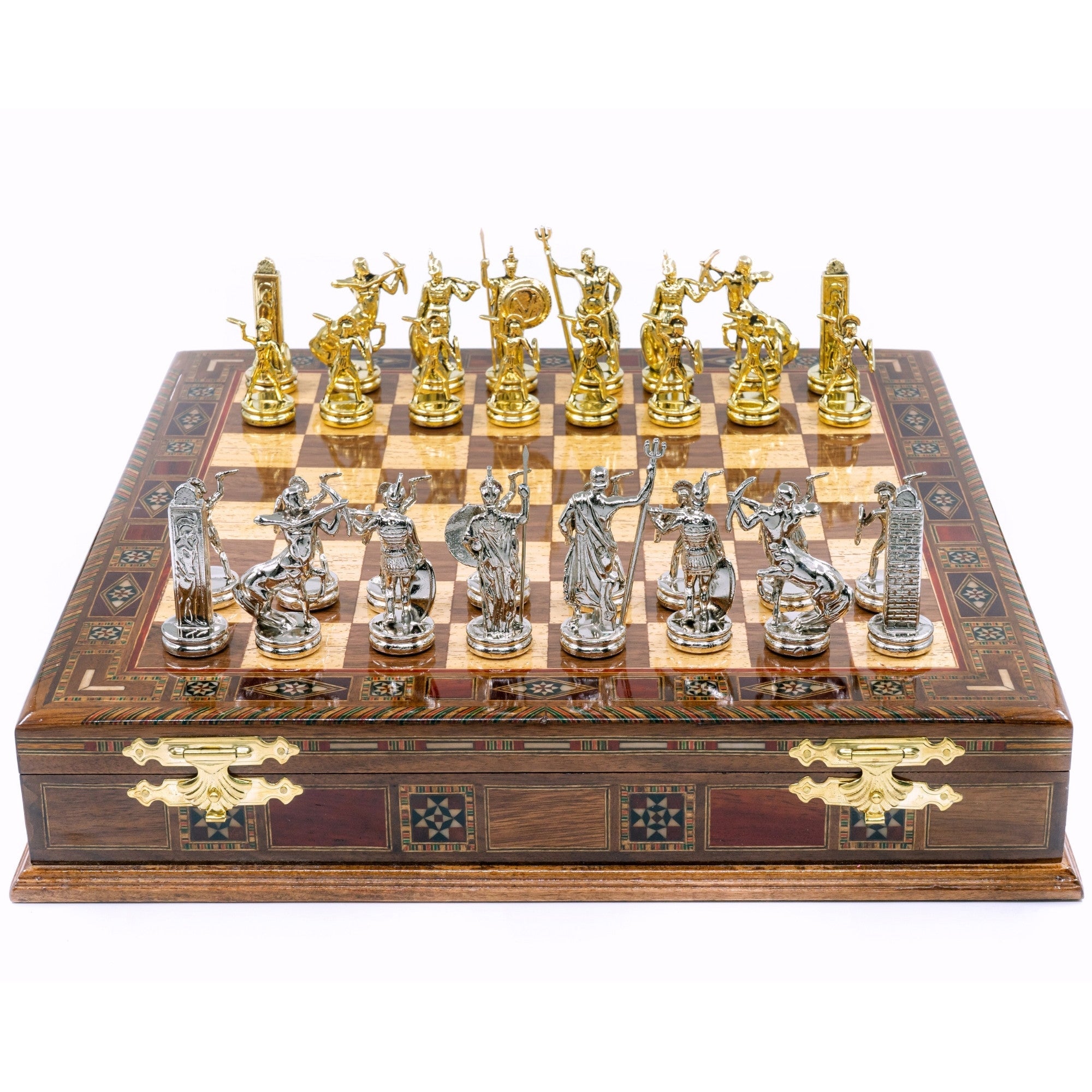 Handmade Inlay Storage Chess Set 38 CM (15") - Greek Poseidon Die Cast