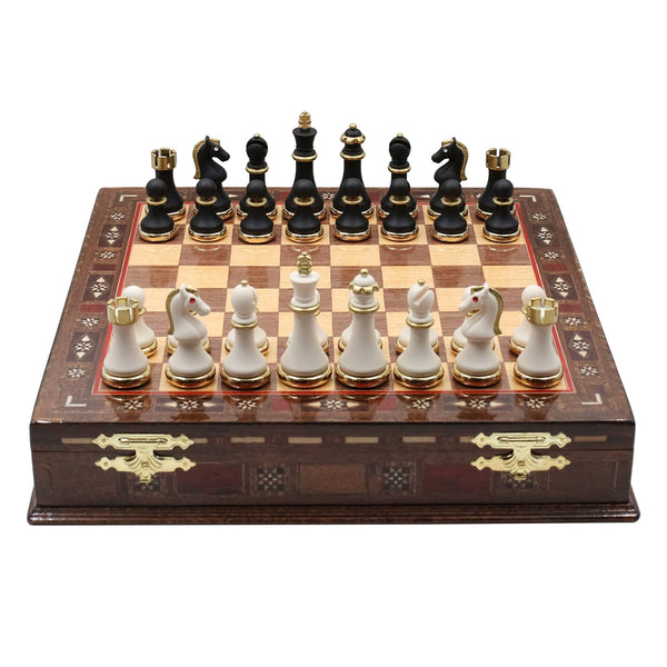 Handmade Inlay Storage Chess Set 38 CM (15") - Soft Touch Metal Figures ...