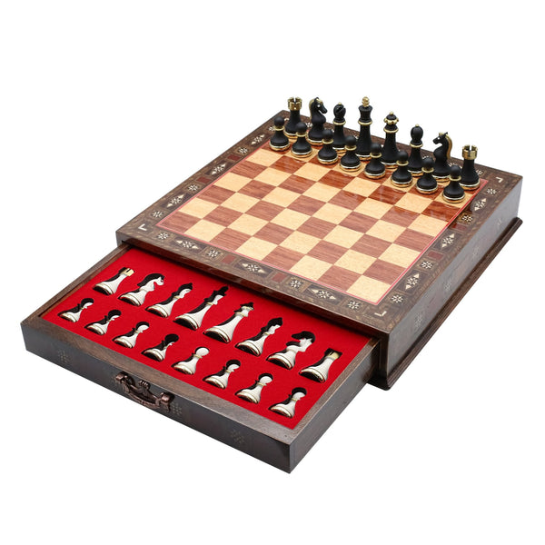 Soft Touch Metal Chess Set With Solid Wood Storage Board w/ In-Built ...