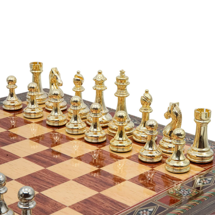 Gold Colour Metal Chess Set With Solid Wood Storage Board w/ In-Built ...