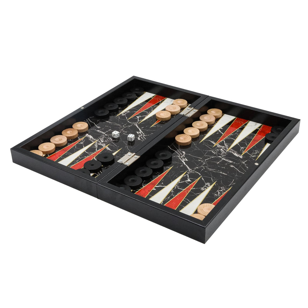 Black Marble Look Wooden Backgammon Set with Checkers and Chess Pieces ...